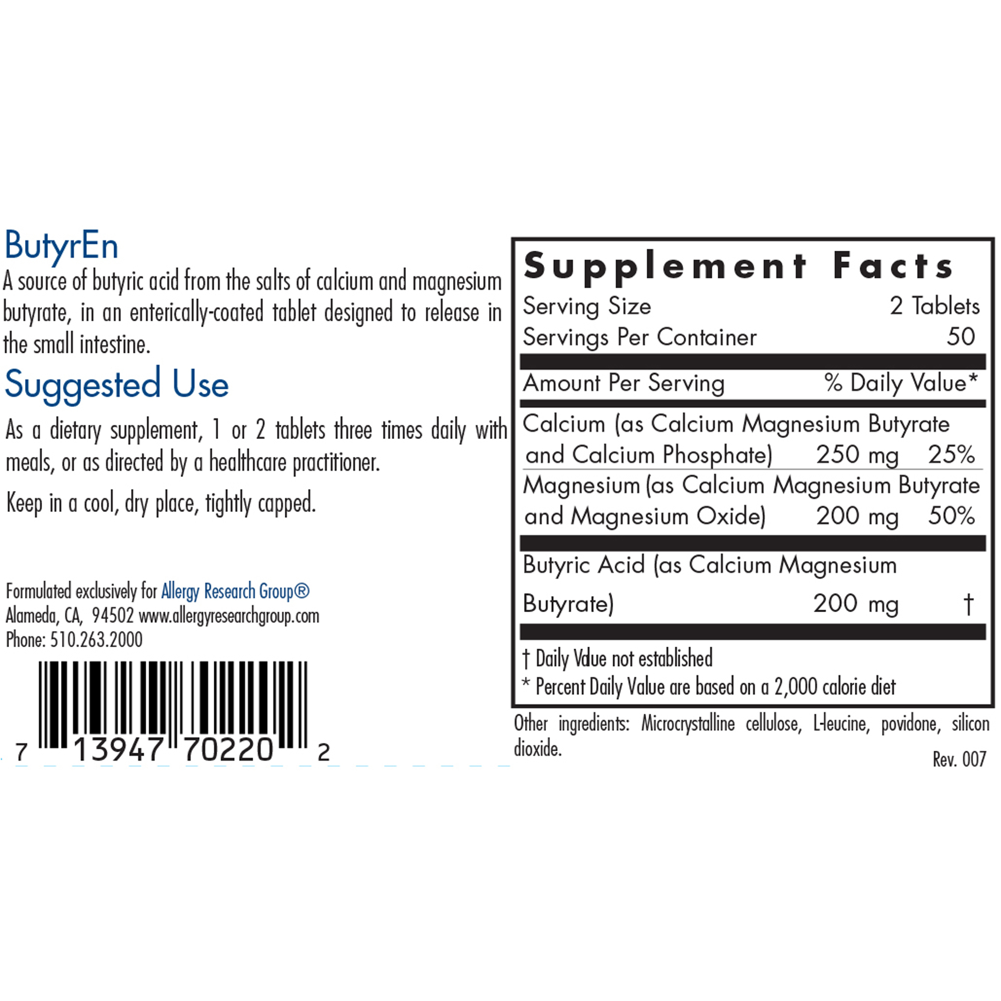 Allergy Research Group ButyrEn 100 Enteric Coated Tablets