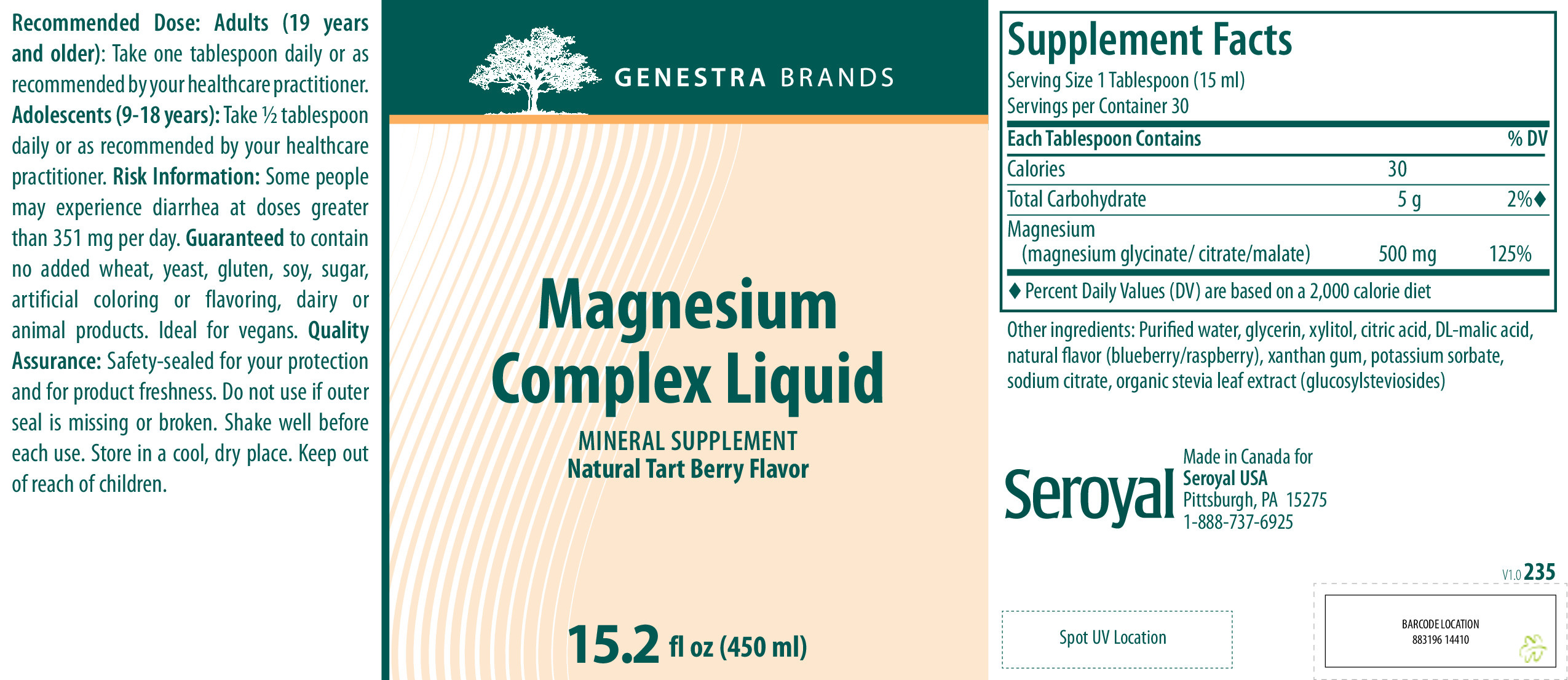 Seroyal Genestra Magnesium Complex Liquid 15.2 fl oz (450 ml)|Oakway ...