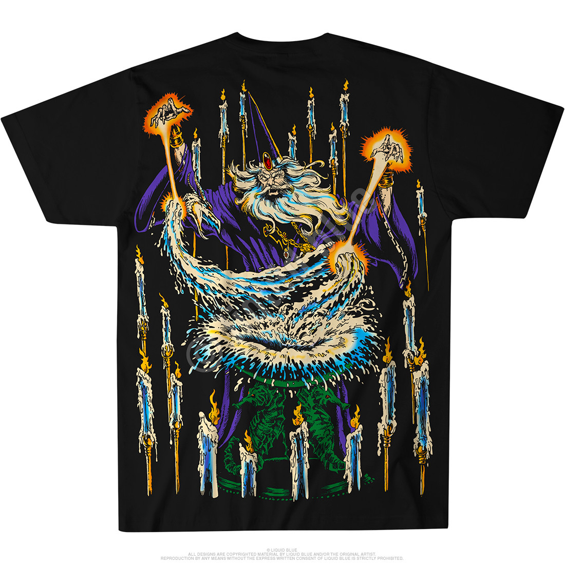 Dark Fantasy Wizard Black T-Shirt Tee Liquid Blue