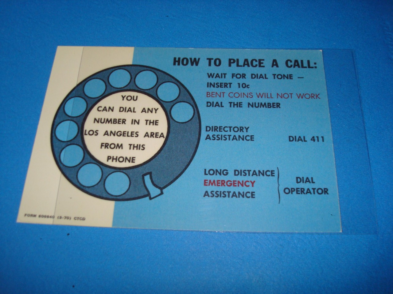 Payphone top flag instruction card