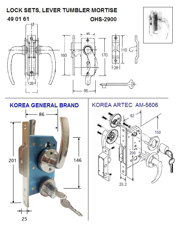 IMPA 490163 LEVER TUMBLER MORTISE LOCK FOR SLIDING DOOR OHS-2910