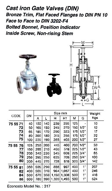 IMPA 755572 GATE VALVE PN10 CAST IRON DIN 50 MM 150 MM 165 MM 125 MM 4 ...