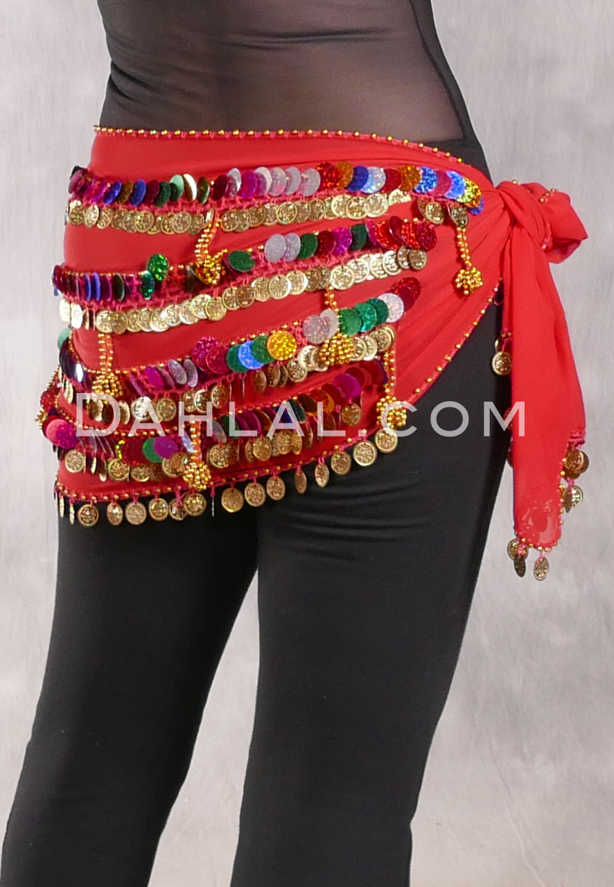 Five Row Egyptian Paillette and Coin Hip Scarf - Red with Gold and ...
