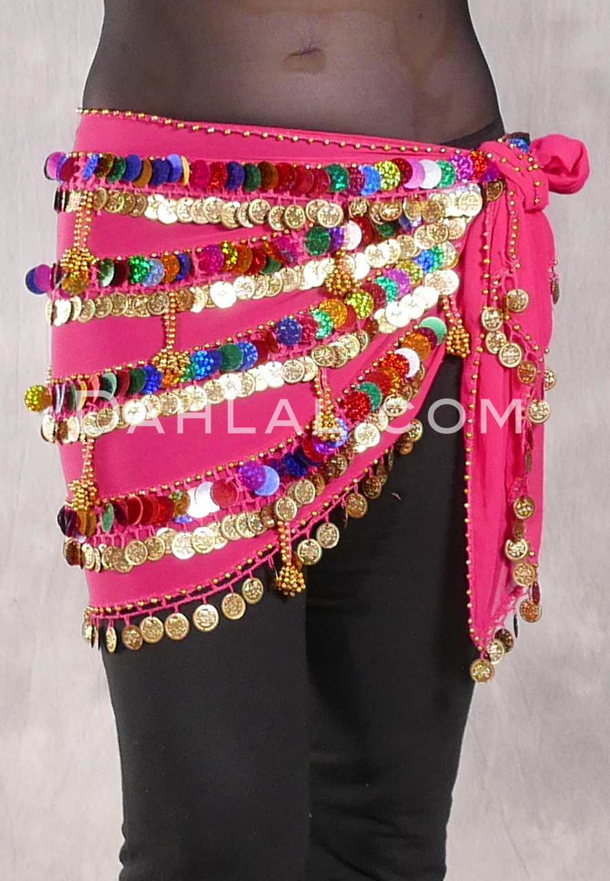 Five Row Egyptian Paillette and Coin Hip Scarf - Pink with Gold and ...