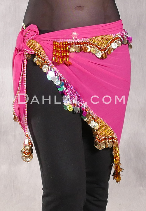 Wide Row Bead and Coin Hip Scarf - Pink, Gold, Fuchsia and Multi-color ...