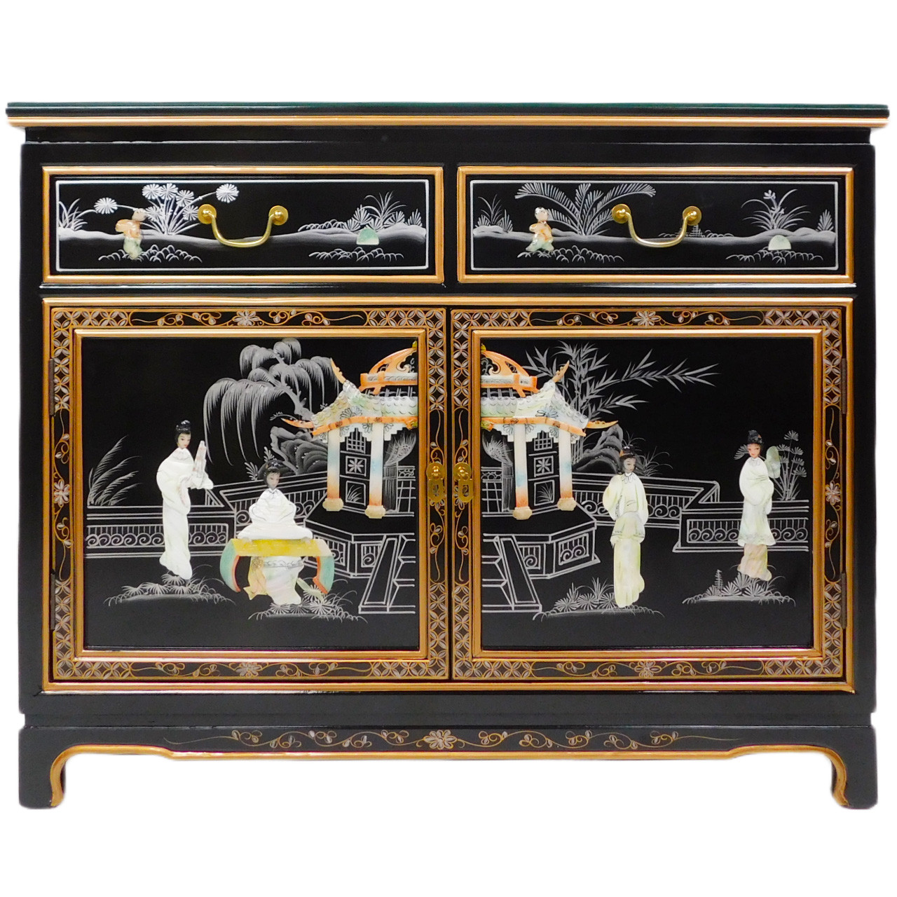 Oriental Buffet Server Inlaid with Mother of Pearl and Shinny Black Lacquer 40 inch Oriental Furnishings Furniture Decor