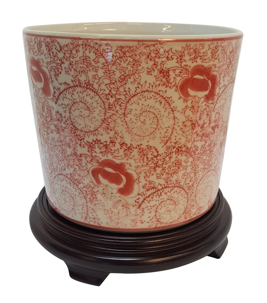 Chinese Planter in Red and White Floral Design 8" Dia
