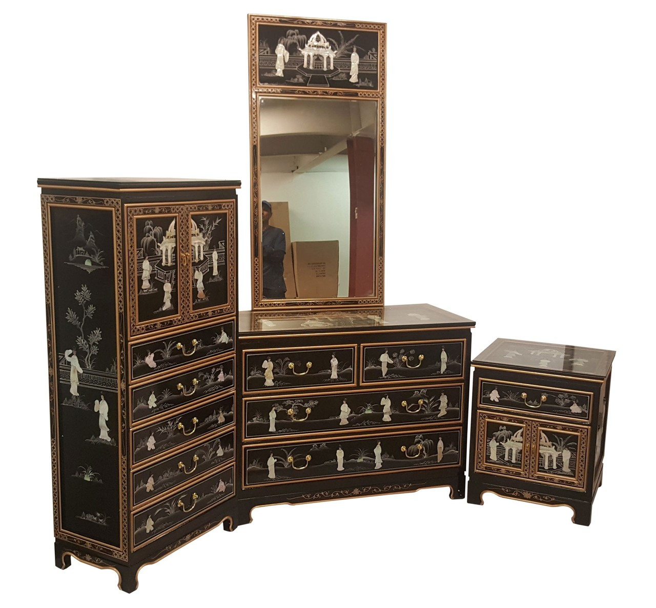 Oriental Bed Room Set Four Piece Black Lacquer