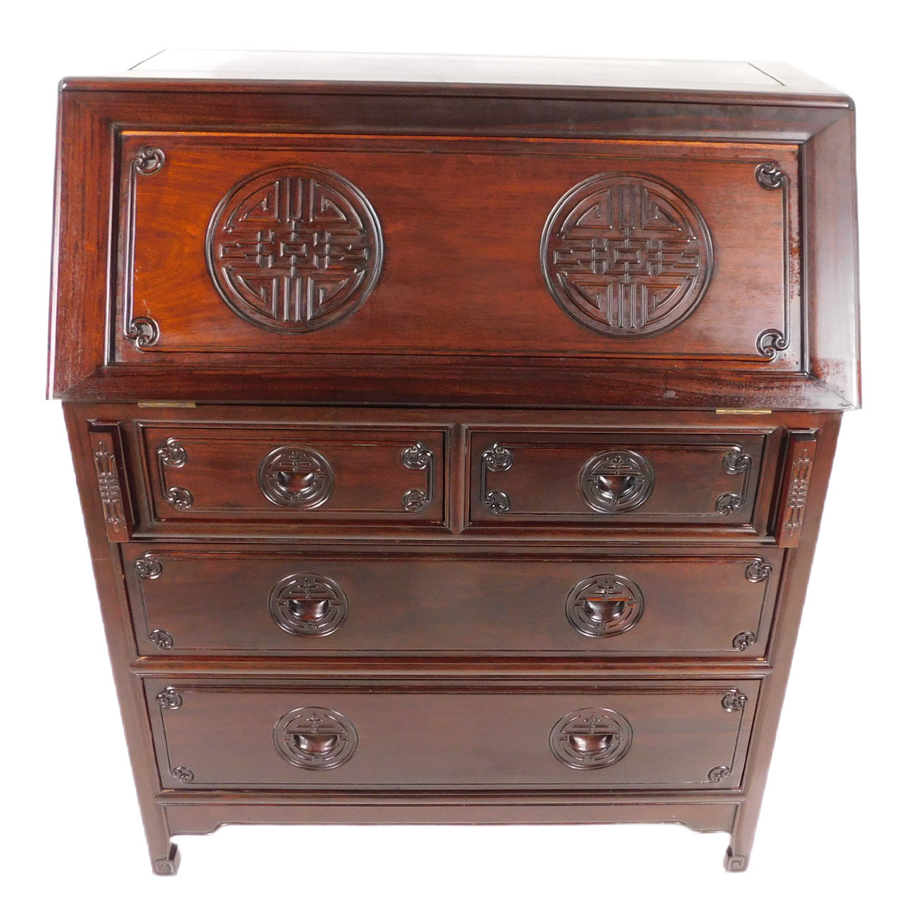 Oriental Desk Solid Rosewood with Carved long life folding front in deep red mahogany lacquer finish 43 High Oriental Furniture Warehouse Chinese Asian Styles