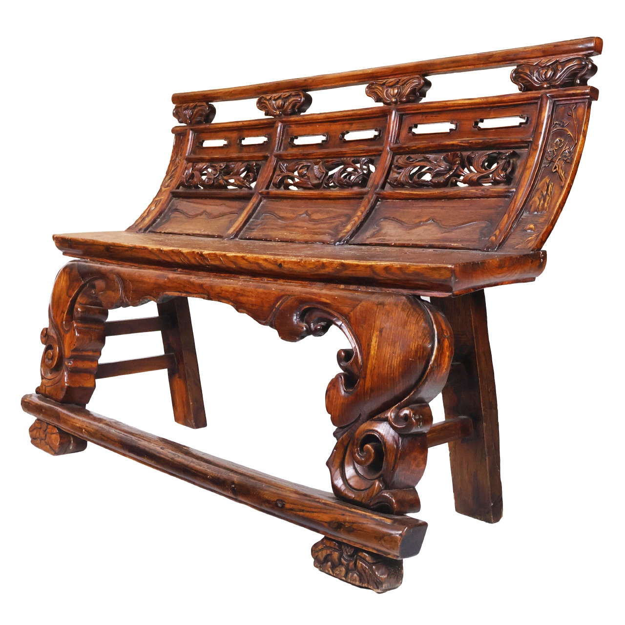 Chinese Antique Bench With Hand Carving And Budha Legs - Oriental ...