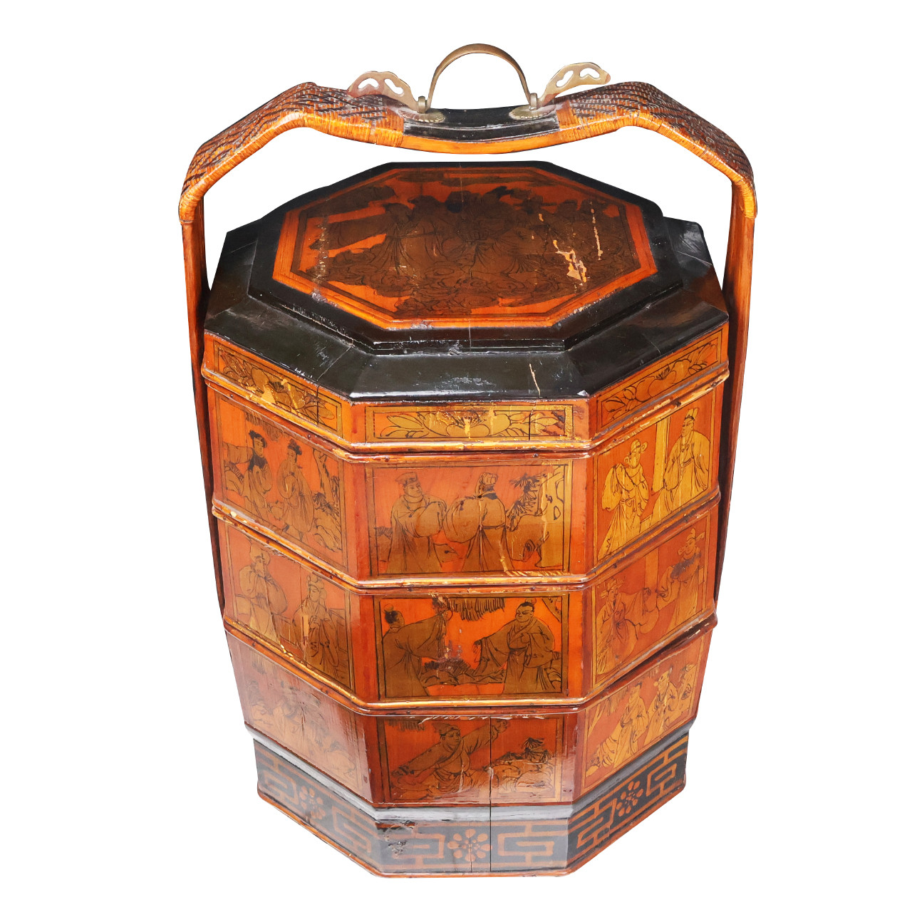 Chinese Stacking Wedding Box Golden Pine and Black Lacquer Handpainted