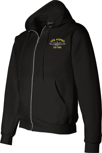 USS Aspro SS-309 with Dolphins Embroidered Zippered Hoodie - Submarine Gear