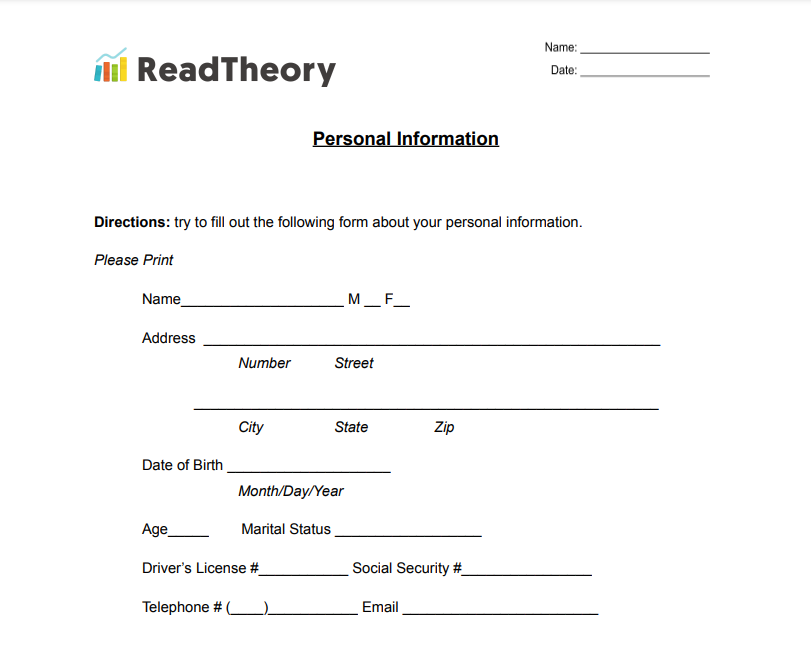 Common Expressions - Personal Information - Read Theory Workbooks