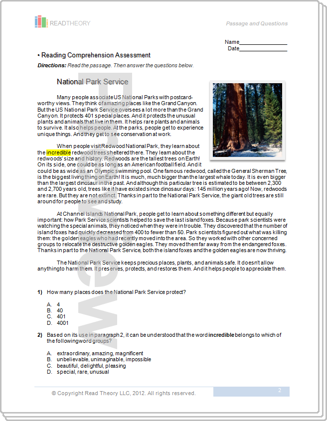 "National Park Service" - 5G / 630L - Read Theory Workbooks
