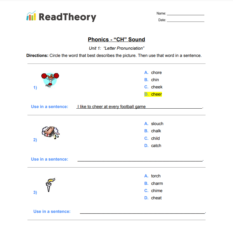 Phonics - “CH” Sound - Read Theory Workbooks