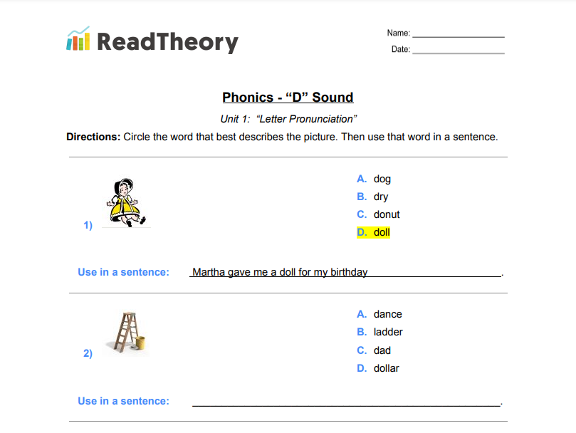 Phonics - “D” Sound - Read Theory Workbooks