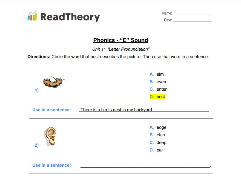 Phonics - “E” Sound - Read Theory Workbooks