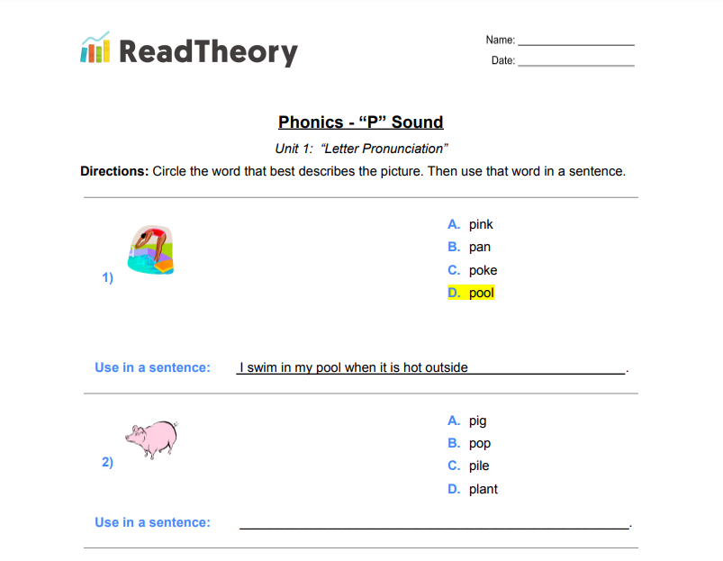 Phonics - “P” Sound - Read Theory Workbooks