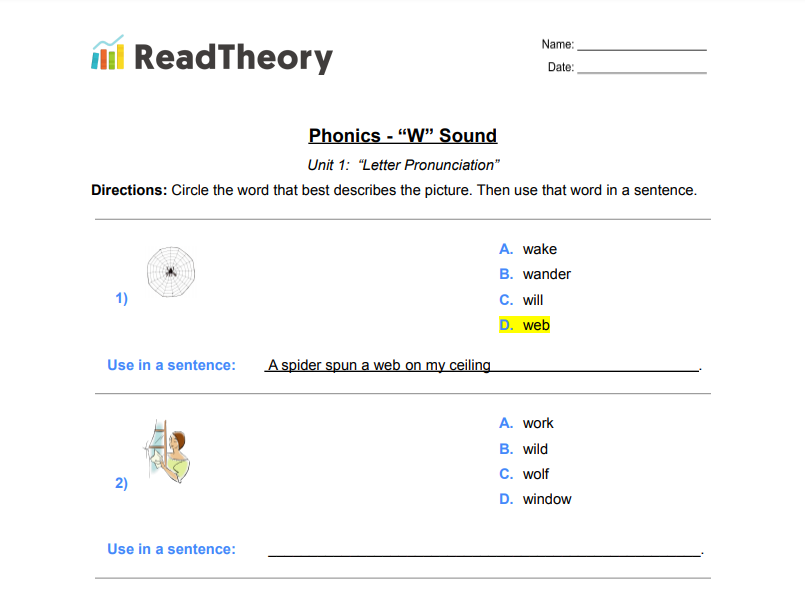 Phonics - “W” Sound - Read Theory Workbooks