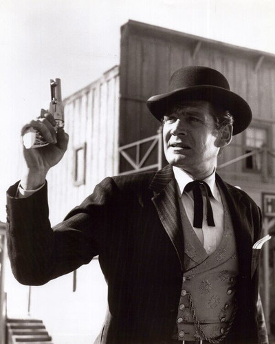 Gene Barry as lawman Bat Masterson holding up his Colt revolver 8x10 ...