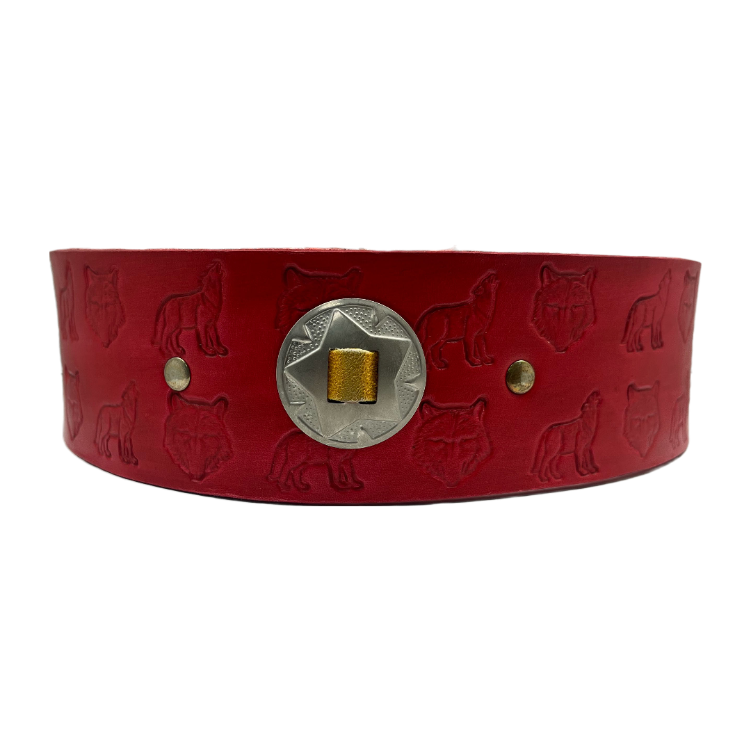 YOUTH REGALIA LEATHER BELT WITH WOLF EMBOSSING 2.5" x 29" RED WITH ...