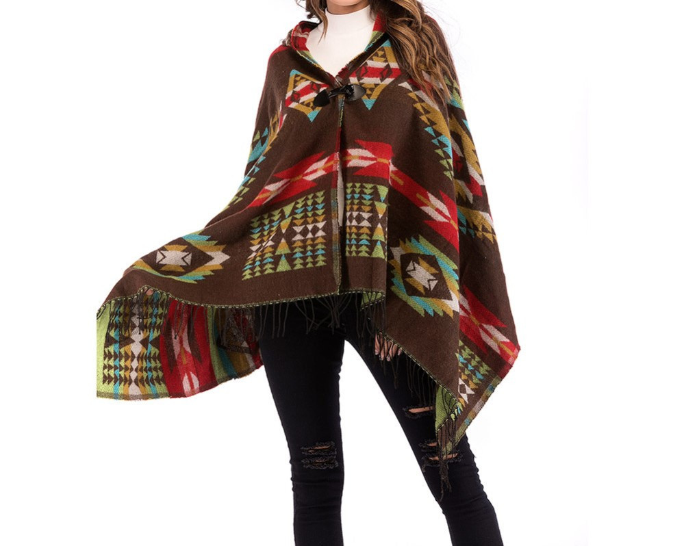 TRIBAL PONCHO BROWN WITH HOOD & BUTTON - Western Varieties
