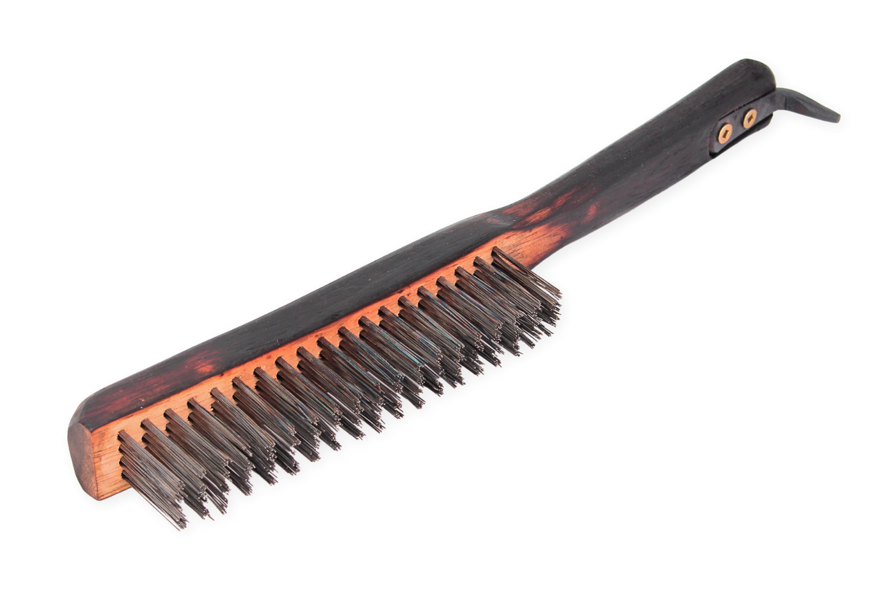Wood handle wire brush with hoof pick